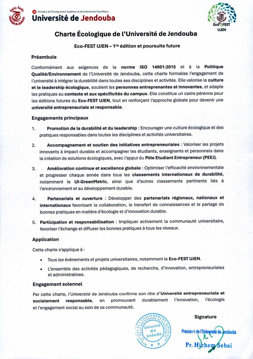 Université de Jendouba - Charte écologique de l’Université